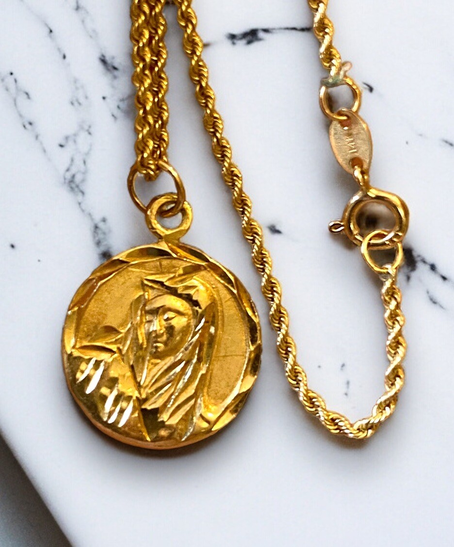 Vintage 14k Yellow Gold Miraculous Mother Mary Medal 18” Rope Chain ...