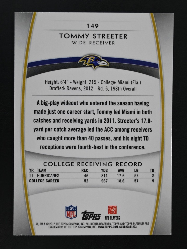 2012 Topps Platinum #149 Tommy Streeter RC Baltimore Ravens | eBay
