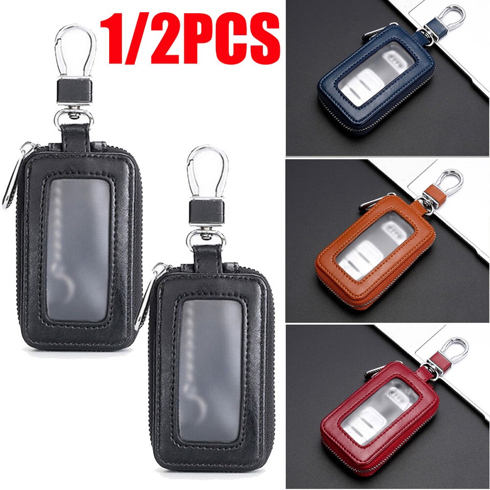 1/2Pcs Car Key Holder Cover Key Chain Bag Genuine Leather Remote Fob ...