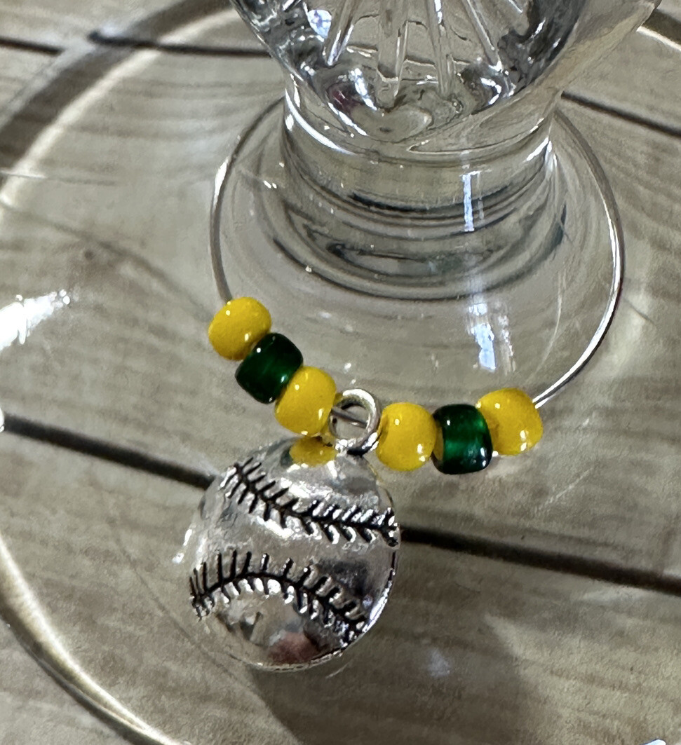 Baseball Wine Charms, Four Wine Charms, Green Yellow Baseball Wine ...