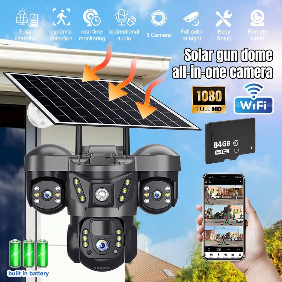 3 Lens 12MP Solar Battery Security IP Camera 4G With SIM Card Wireless ...