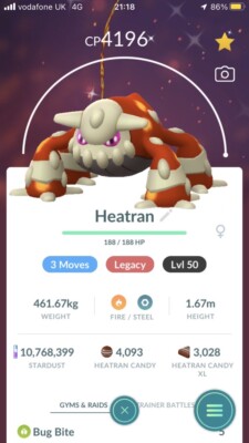 Pokémon Trade Go Level 50- Shiny Heatran 3 Moves With Legacy Move Magma ...