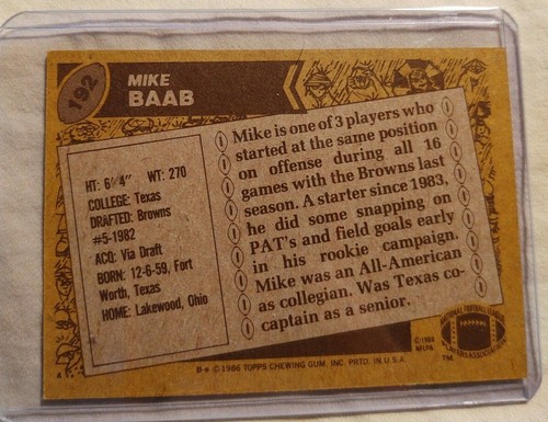 1986 Topps Football #192 - Mike Baab #61 - Cleveland Browns ...