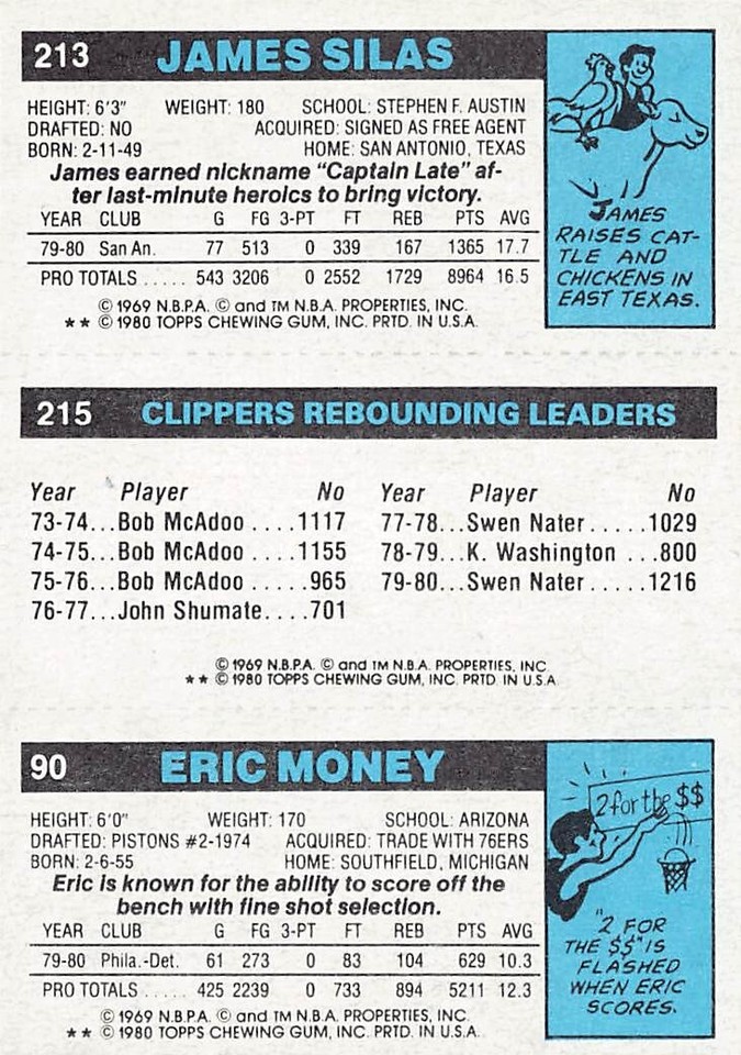1980-81 Topps 90 Eric Money/215 Swen Nater TL/213 James Silas NRMT p2s ...