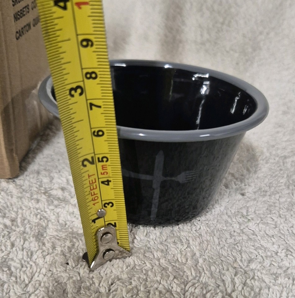 2 Brand New Black Enamel Bowls With A Grey Rim And Knife & Fork Icon ...