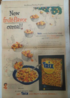 Trix Cereal Ad: "New Trix Fruit Cereal" from 1955 Size: Large 15 x 22 ...