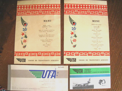 2 MENUS VNTG UTA FRENCH AIRLINES ANNÉES 1960 rétro + BROCHURE VOYAGE ...