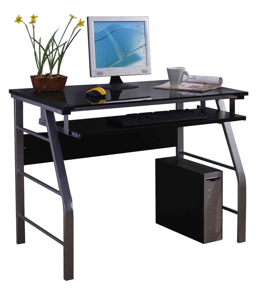 Home & Office Metal and Glass Workstation Computer Desk with Keyboard ...