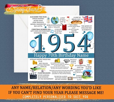 Personalised 70th Birthday Card Male 1954 Year Birth Dad Husband ...
