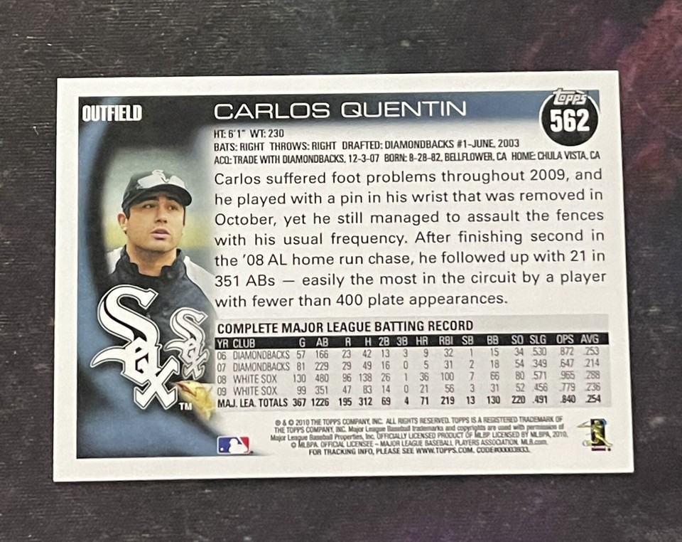 TOPPS 2010 MLB CARLOS QUENTIN #562 OUTFIELD CHICAGO WHITE SOX BASEBALL ...