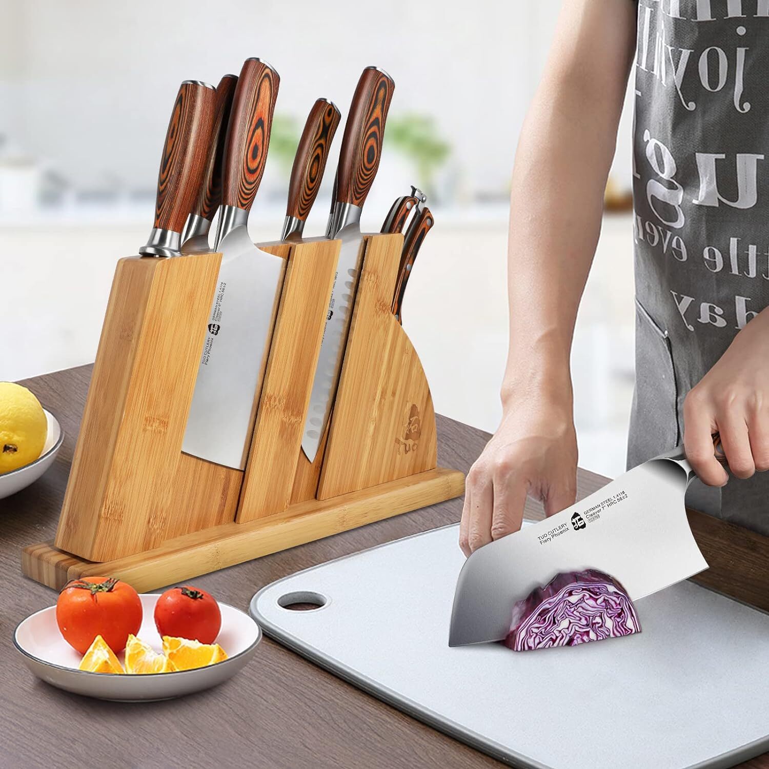 TUO Cutlery 8PC Knife Set with Wooden Block - Pakkawood Handle, Fiery ...