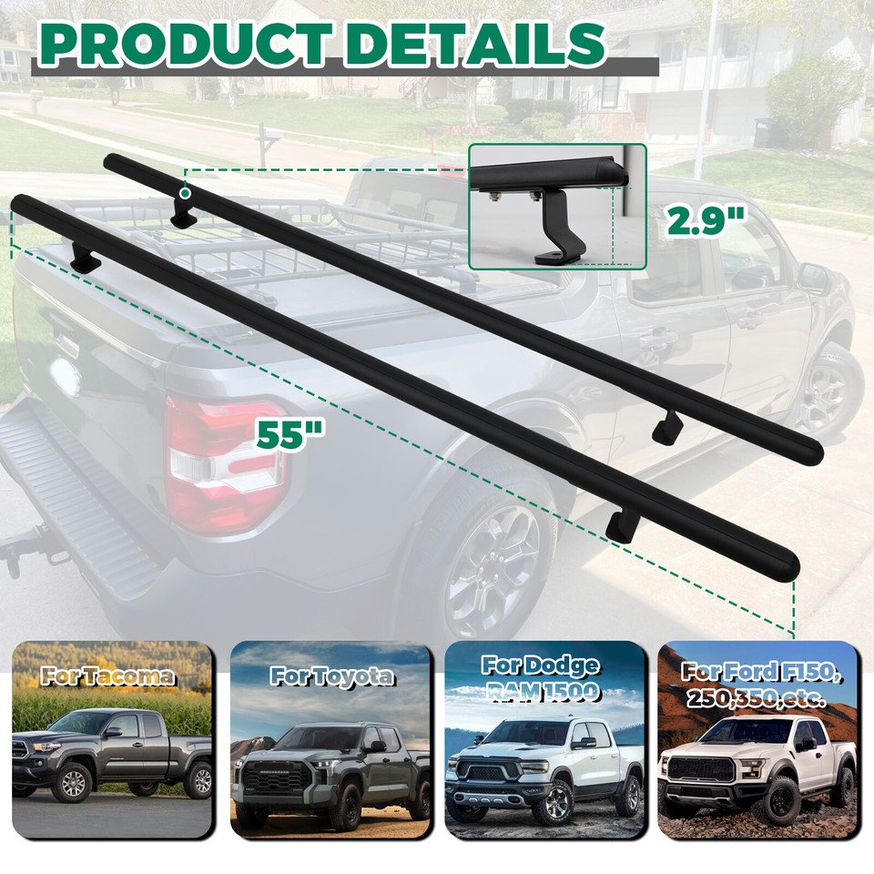 60" Adjustable Aluminum Truck Topper Roof Rack - 500LB Capacity Van ...