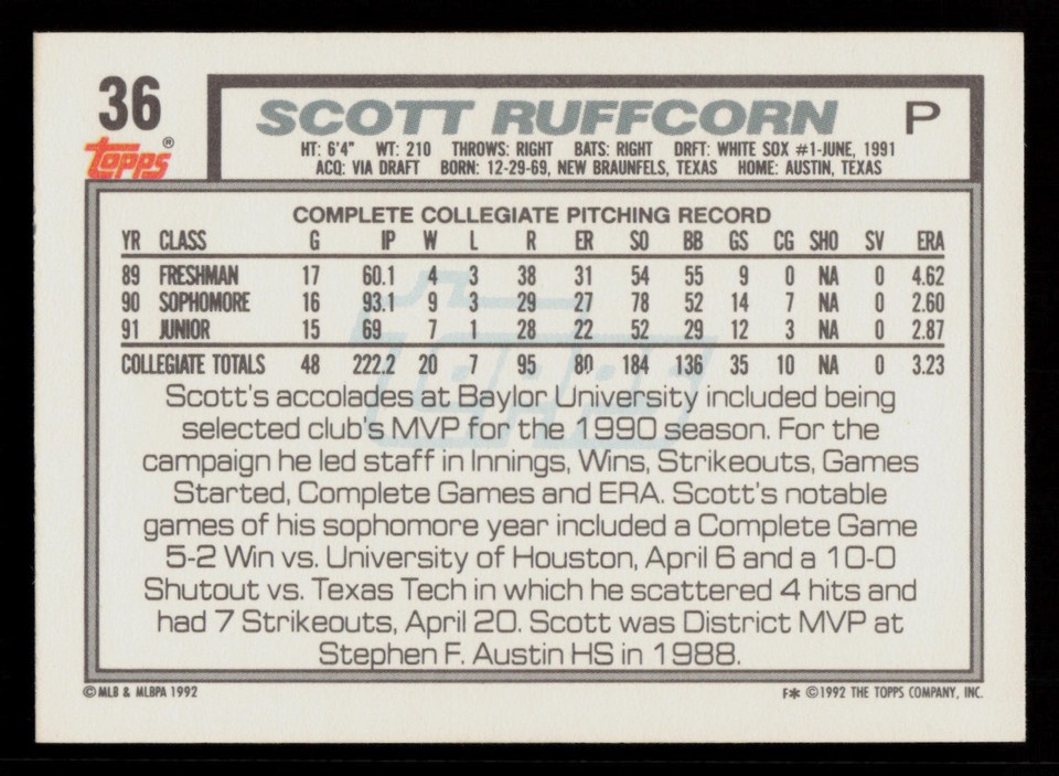1992 Topps Scott Ruffcorn #36 RC Rookie Chicago White Sox Baseball Card ...