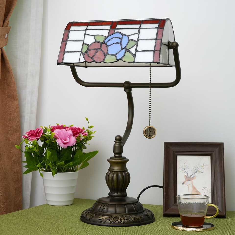 red rose tiffany bankers desk lamp stained Glass table lamp Vintage ...