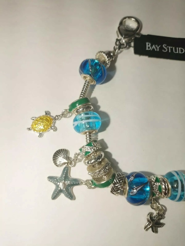 Bay Studio Sea Charms Blue Glass Bead Silver Tone Bracelet turtle ...