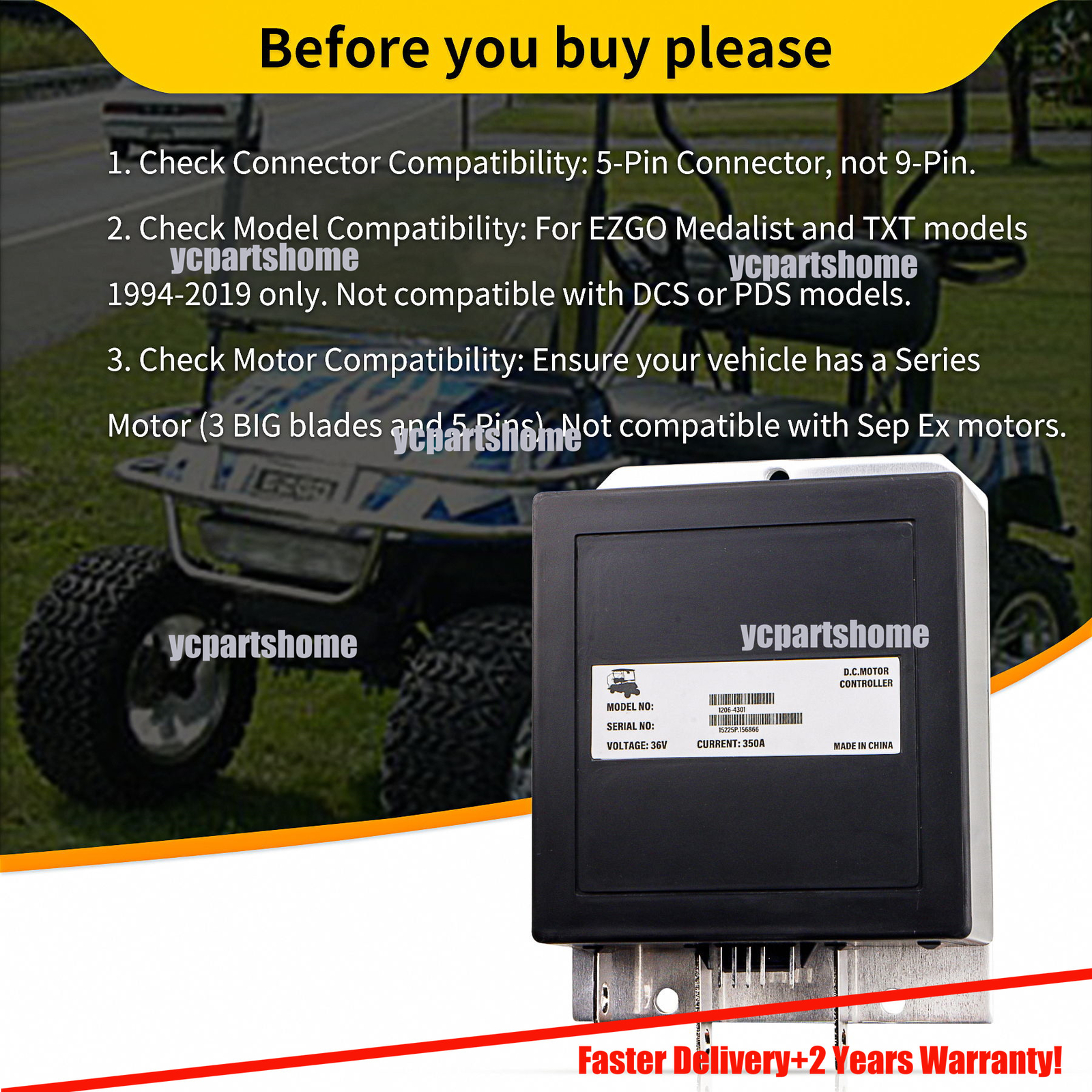 US 36 Volt Controller 1206-4301 for EZGO TXT Series ITS 350 Amp Curtis ...