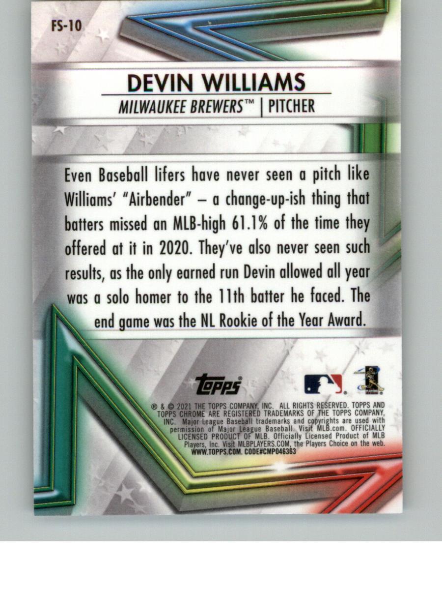 2021 Topps Chrome Devin Williams FS-10 Milwaukee Brewers Future Stars ...