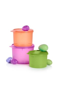 NEW Tupperware 3 pc Stacking Canister Set purple peach green cookie ...