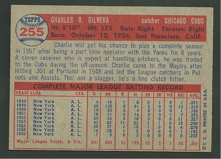 1957 Topps #255 Charlie Silvera Vintage Baseball Card MLB Chicago Cubs ...