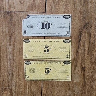 VINTAGE SET OF 3 U.S.D.A. FOOD STAMP CREDIT CHANGE BILLS @ BETTER FOODS ...