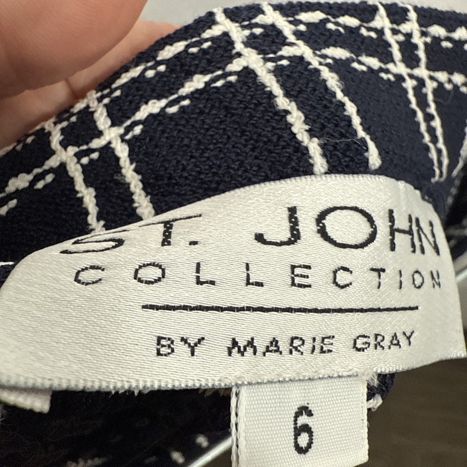 St. John Marie Gray Skirt Suit Set 2pc Santana Knit Navy Cream Plaid ...