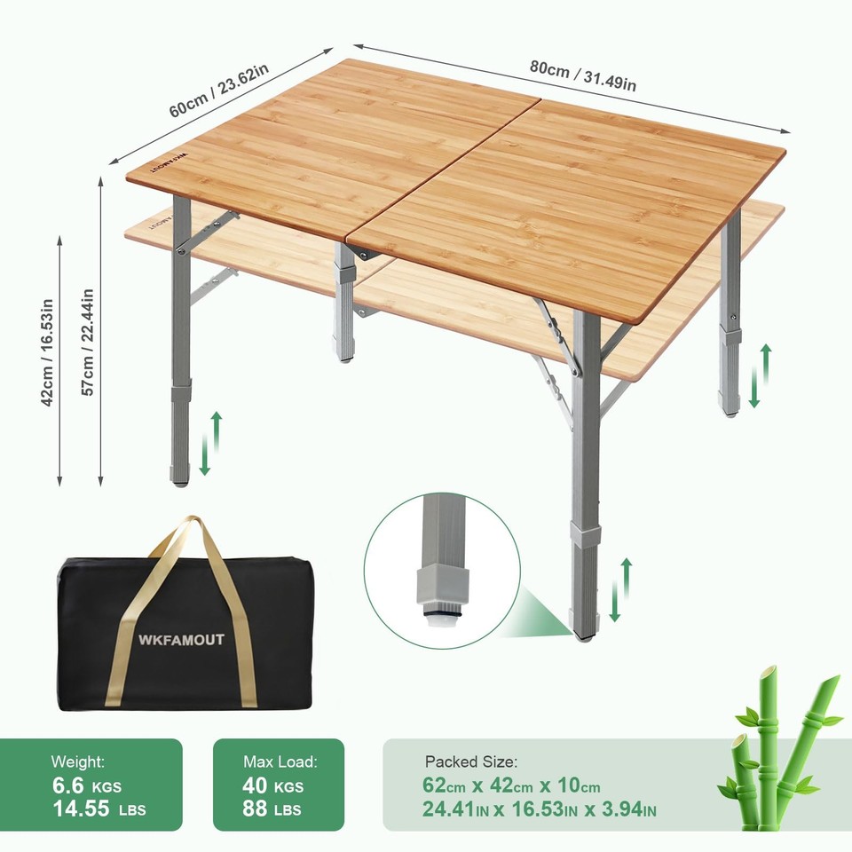Bamboo Folding Camping Table 2-Folds with Adjustable Aluminum Legs ...