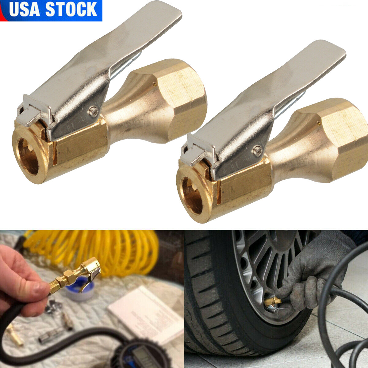 2Pcs Tire Inflatable Straight Brass Open Flow Air Chuck Lock-On Clip 1/ ...