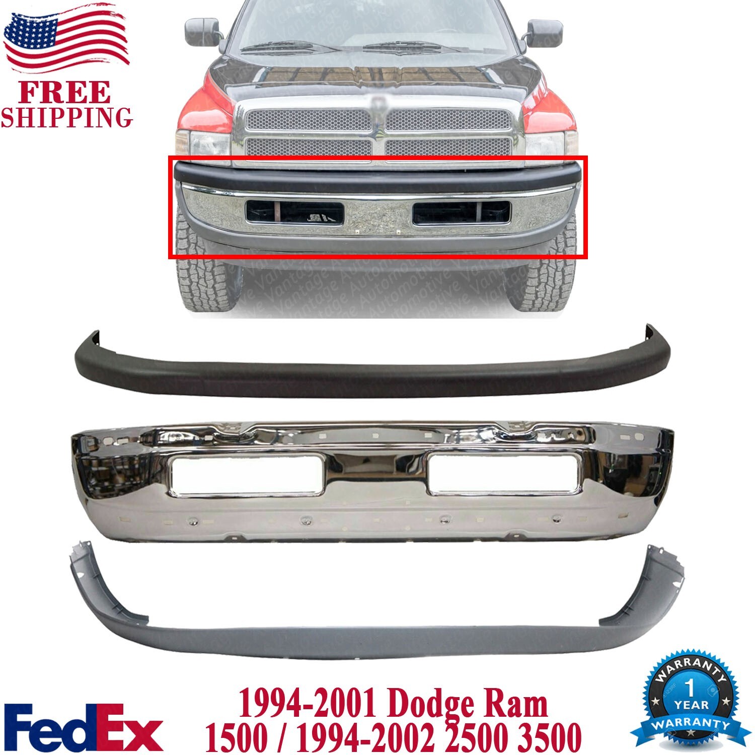 New Front Bumper Chrome Steel Kit For 1994-2002 Dodge Ram 1500 2500 ...