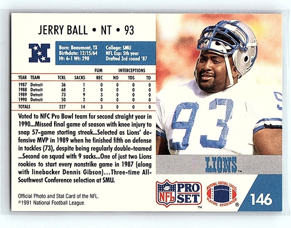 1991 Pro Set Jerry Ball Detroit Lions #146 | eBay