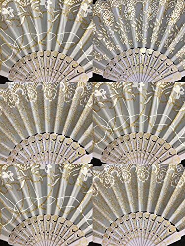 12 Pc/assorted Spanish Style White And Gold Glitter Hand Fan For ...