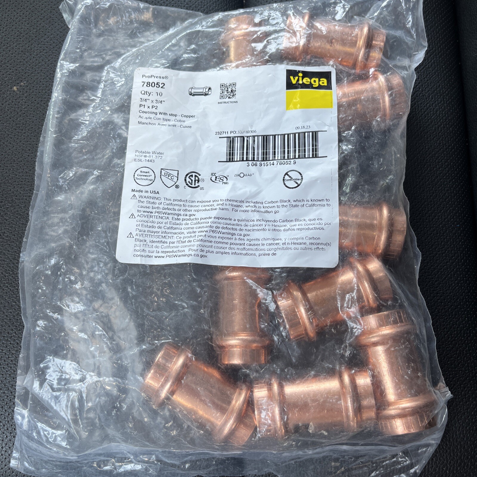 10 Pack Viega 78052 ProPress Copper Coupling With Stop 3/4" x 3/4" P1 x ...