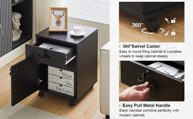 Rolling Office Cabinet Organizer File Storage Lock Wood Filing Cabinet ...