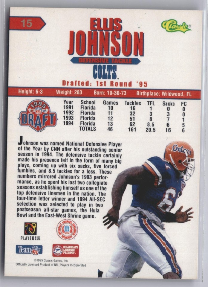 1995 Classic NFL Rookies Silver Colts Football Card #15 Ellis Johnson ...