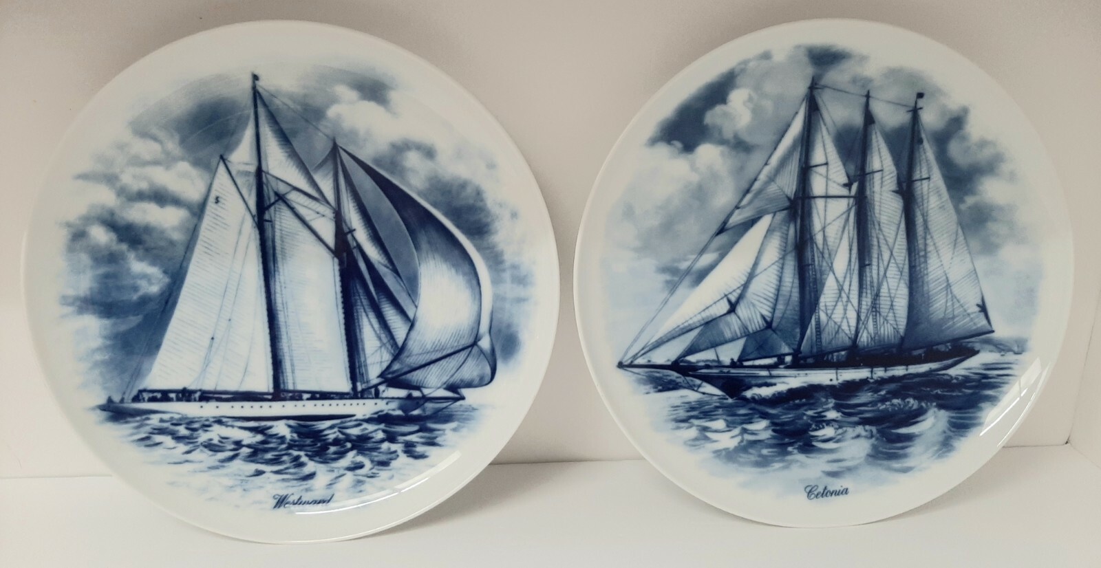 Pair Large Vintage Kaiser Yacht Plates. Blue & White. Magnificent ...