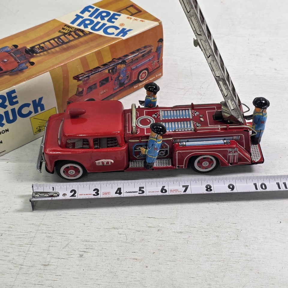 Vintage Toy Tin Fire Truck Friction Siren (Bell) Raising Ladder MF 718 ...