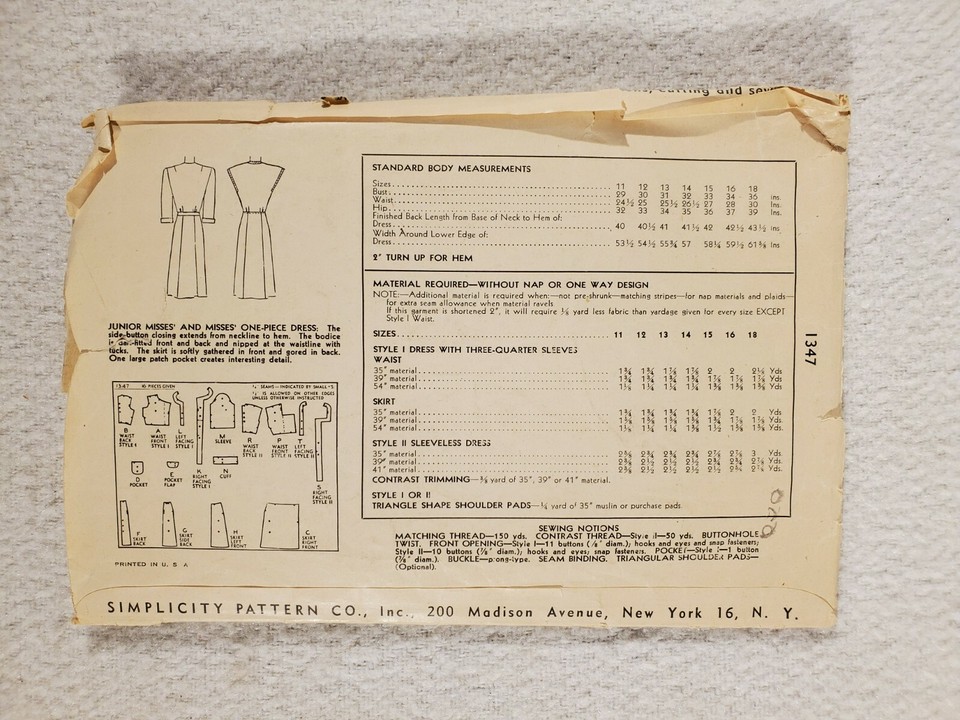 Vtg 1950s Simplicity Printed Sewing Pattern No. 1347 Jr. Misses Dress ...