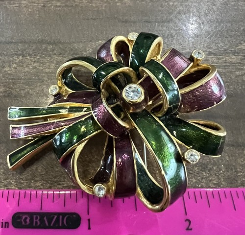 Joan Rivers Gold Tone Rhinestone Red & Green Enamel Ribbon Bow Brooch ...