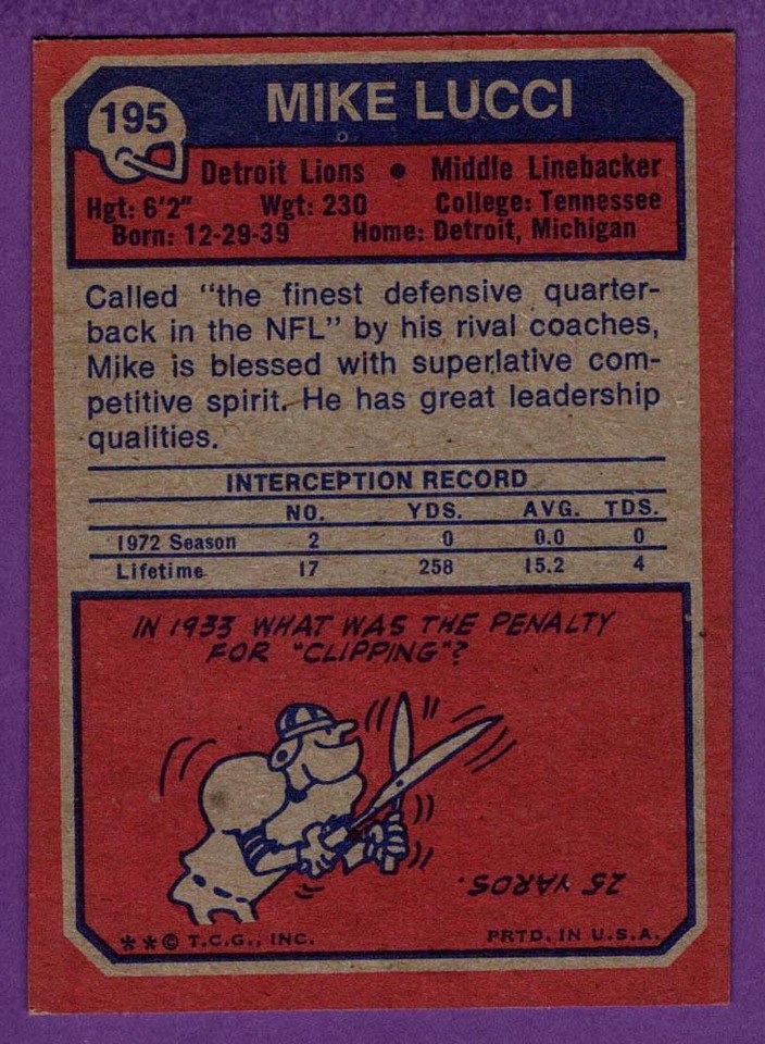 1973 Topps Football Single #195 Mike Lucci Detroit Lions | eBay