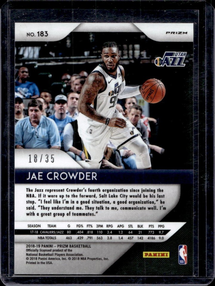 Jae Crowder #18/35 2018-19 Panini Prizm Bucks Basketball Card 183 | eBay