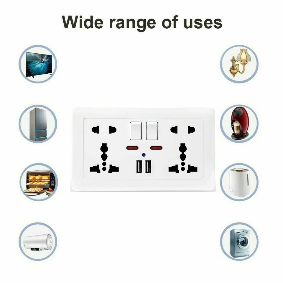 Double Wall Plug Socket 2 Gang 13A with 2 Charger USB Ports Outlet Flat ...