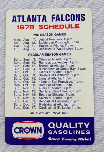 NFL 1978 Atlanta Falcons Pocket Football Schedule Card - Crown Gasoline ...