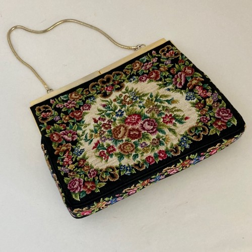 Evening Bag, Petit Point, floral pattern, black red pink, 6x7", cabbage ...