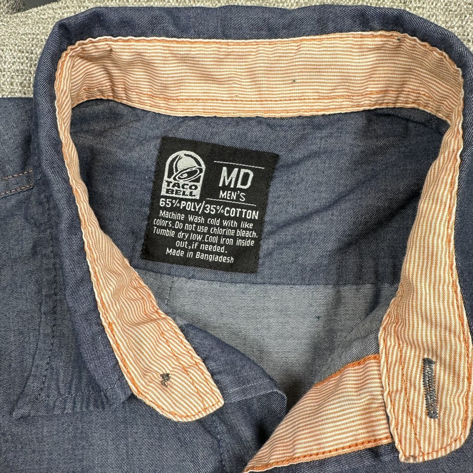 Taco Bell Button Up Denim Blue Uniform Shirt Medium Polyester Logo Men ...