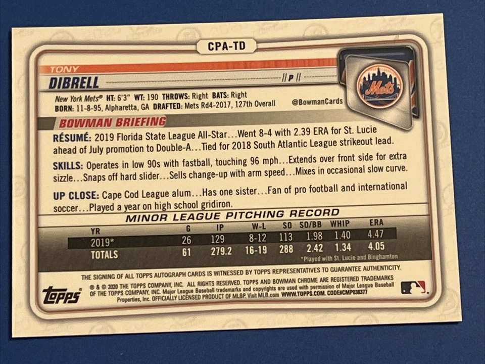 2020 Bowman Tony Dibrell Chrome 1st Prospect Auto Autograph #CPA-TD ...