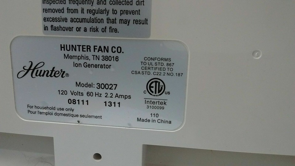 Hunter Compact Fan Ionizer Generator Air Purifier Model HEPAtech 30027 ...