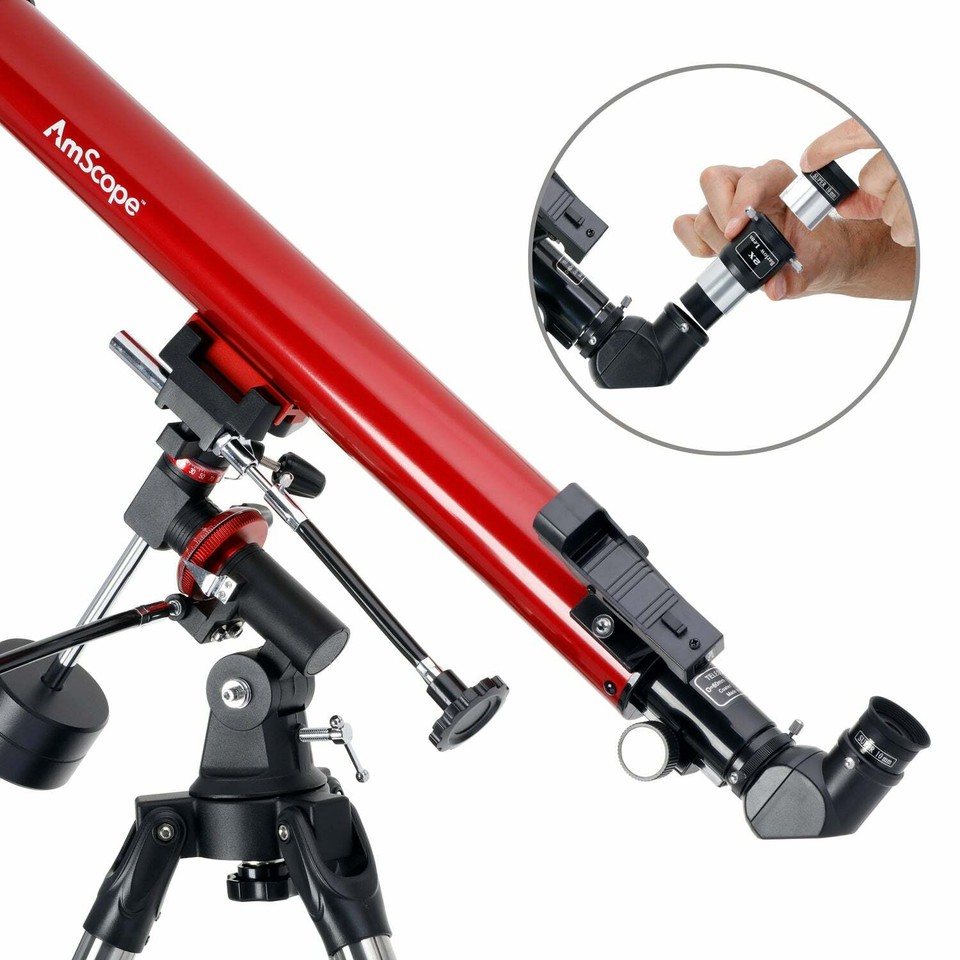 AmScope Refractor EQ Telescope 70mm Aperture, 900mm Focal Length +Red ...