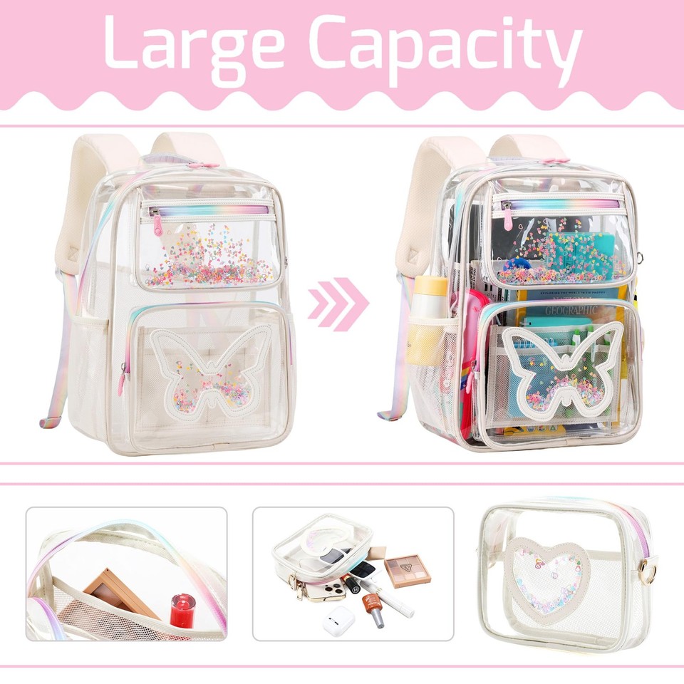 Clear Backpack for Girls 2 PCS Backpacks Set,Heavy Duty Bookbag Stadium ...