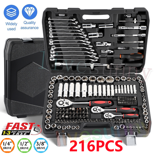 216PCS Socket Set 1/4 3/8 1/2" Spanner Drive Ratchet Wrench Mechanic ...