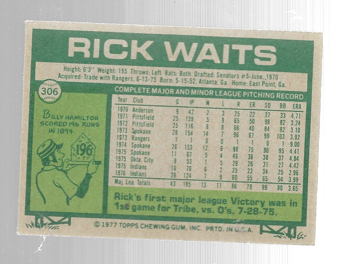 1977 Topps Rick Waits 306 Cleveland Indians Baseball Card Vintage | eBay