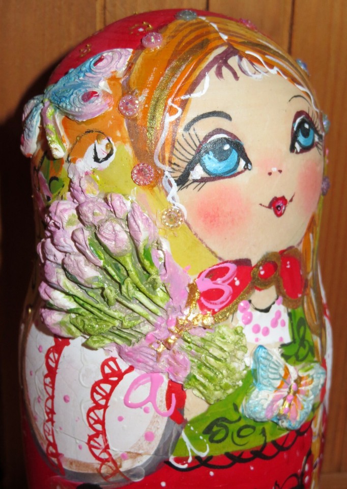 RED Pyrography Matryoshka Flowers MATT Nesting dolls HAND PAINTED 5 ...